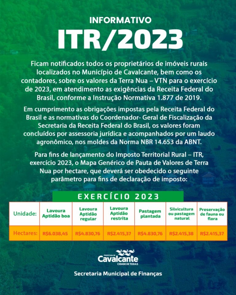Imposto Territorial Rural (ITR) 2023. – Prefeitura Municipal de Cavalcante